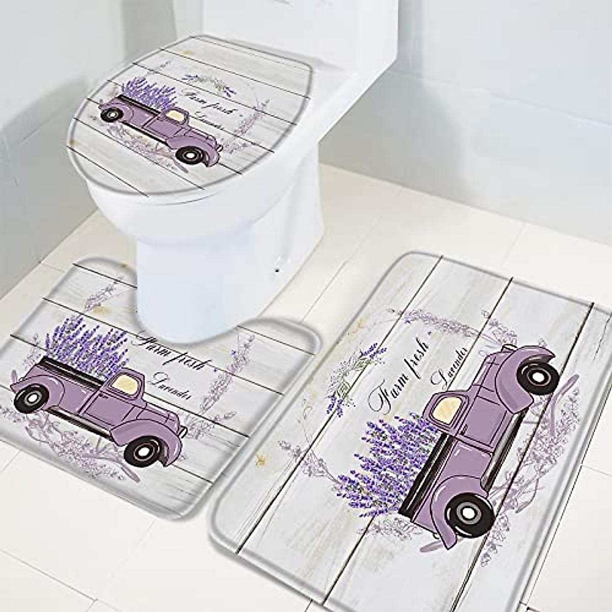 Lavender 3 Piece Bath Rugs Sets Truck with Lavender Non Slip Bathroom Carpet Farm Fresh Flower Farmhouse Purple Floral Wood Absorbent U-Shaped Toilet Mat, Toilet Lid Cover