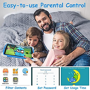 DOMATON Kids Tablet 10 inch, Android 13 Tablet for Kids, Parental Controls, 6000mAh Battery, Kids Contents Toddler Tablet, Eye Protection Mode, Shockproof Case with Stand (Blue)