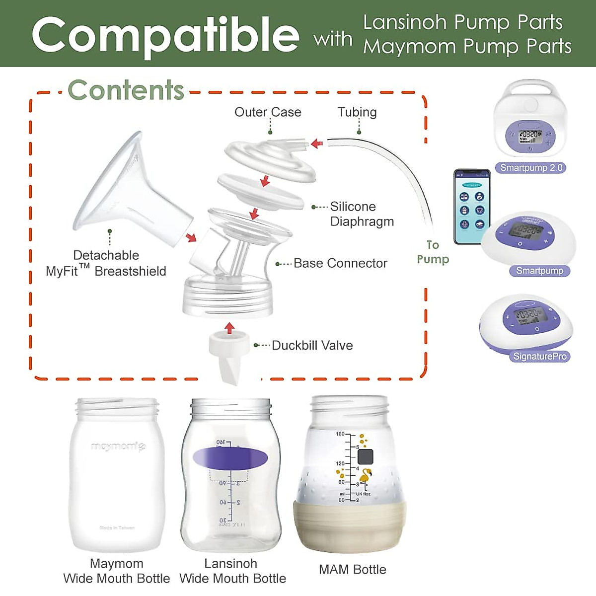 Maymom Pump Parts Compatible with Lansinoh Breastpump,Flange, Wide-Mouth Connector,Valve, Tubing and Backflow Protector, Not Original Lansinoh Accessories. (Flange 21mm)