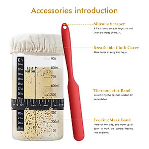 HKCDUUT Sourdough Starter Jar for Sourdough Bread Baking, Sourdough Starter Kit With Date Marked Feeding Band, Thermometer, Scraper, Sourdough Container Sewn Cloth Cover & Metal Lid (1000ml/35Oz)