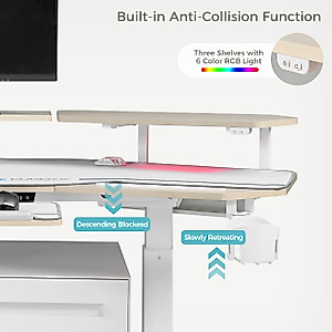 EUREKA ERGONOMIC Standing Desk with Keyboard Tray, Gaming Desk, Wing Shaped Sit Stand Desk 72'' Large Music Studio Desk, LED Convertible Shelves, Dual Motor&Slot, Maple, X-Large (ES71)