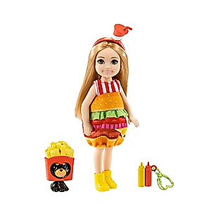 Barbie Club Chelsea Dress-Up Doll (6-inch Blonde) in Burger Costume with Pet and Accessories, Gift for 3 to 7 Year Olds