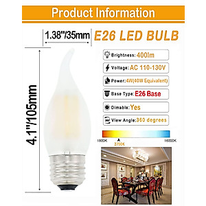 Lamsky LED Candelabra Bulb 4W Dimmable 40W Equivalent,Frosted Glass Flame Tip Shape,E26 Base 2700K Warm White Decorative Chandelier Light Bulbs,3-Pack