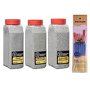Woodland Scenics Gray Blend, Fine Ballast, Medium Ballast, and Coarse Ballast (Pack of 3) - with Make Your Day Paintbrush Set