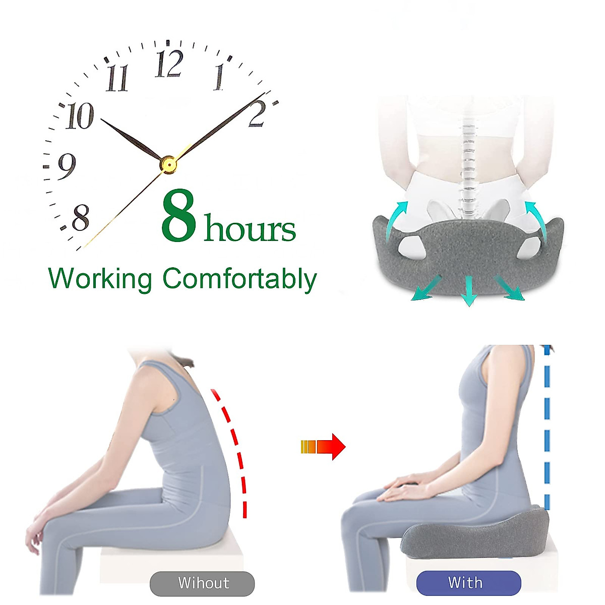 Homuno Large Memory Foam Seat Cushion for Office Chair Pressure Relief Sciatica & Tailbone Pain Relief Chair Pad for Long Sitting, for Office Chair, Gaming Chair and Car Seat (Gray)