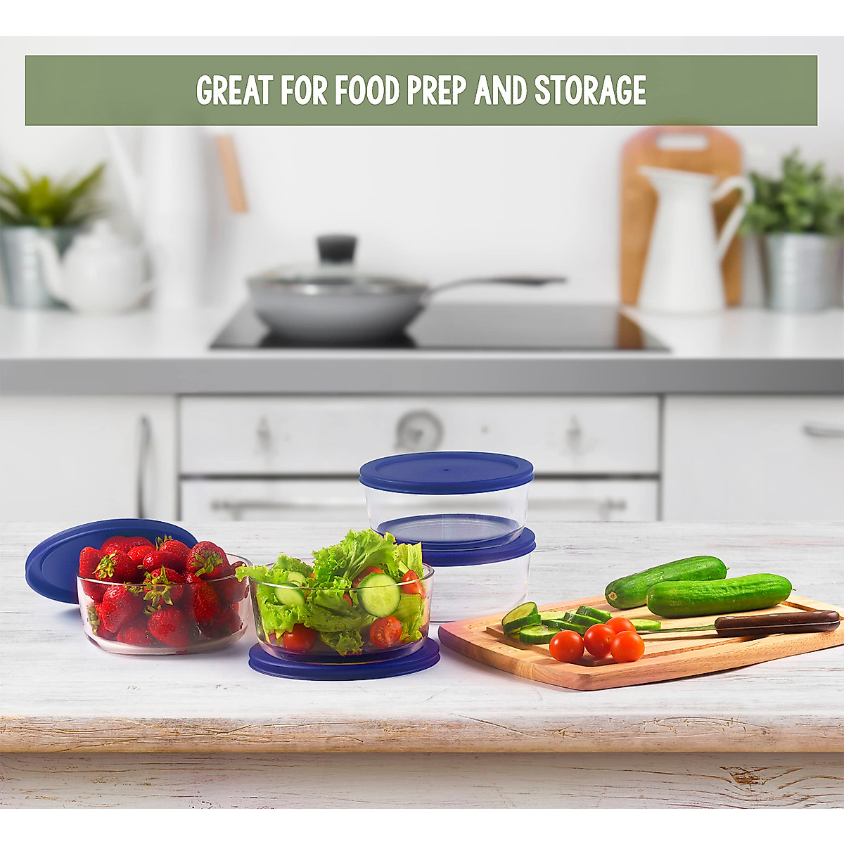 BOVADO USA 4 Cup Glass Food Storage Containers (4 Pack) | Nonpourous Dishwasher, Freezer & Oven Safe Glass, Easy-Clean | Blue Lids