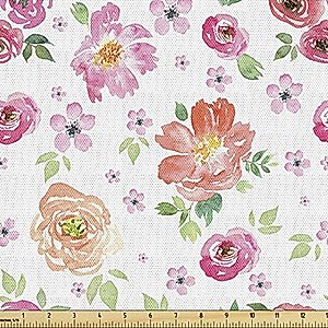 Lunarable Floral Fabric by The Yard, Shabby Form Garden Flowers Roses Tulips Watercolor Abstract Art, Decorative Fabric for Upholstery and Home Accents, 1 Yard, Pale Pink
