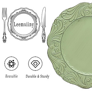 Leemxiiny Antique Green Charger Plates with Embossed Edge, Plastic Flora Decorative Chargers for Dinner Plates Set of 6 Bulk Wedding for Table Setting, Party, Holiday