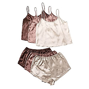 SheIn Women's 3 Sets Satin Pajama Set Sleeveless Crop Cami and Elastic Waist Shorts Sleepwear Lounge Set Black Small