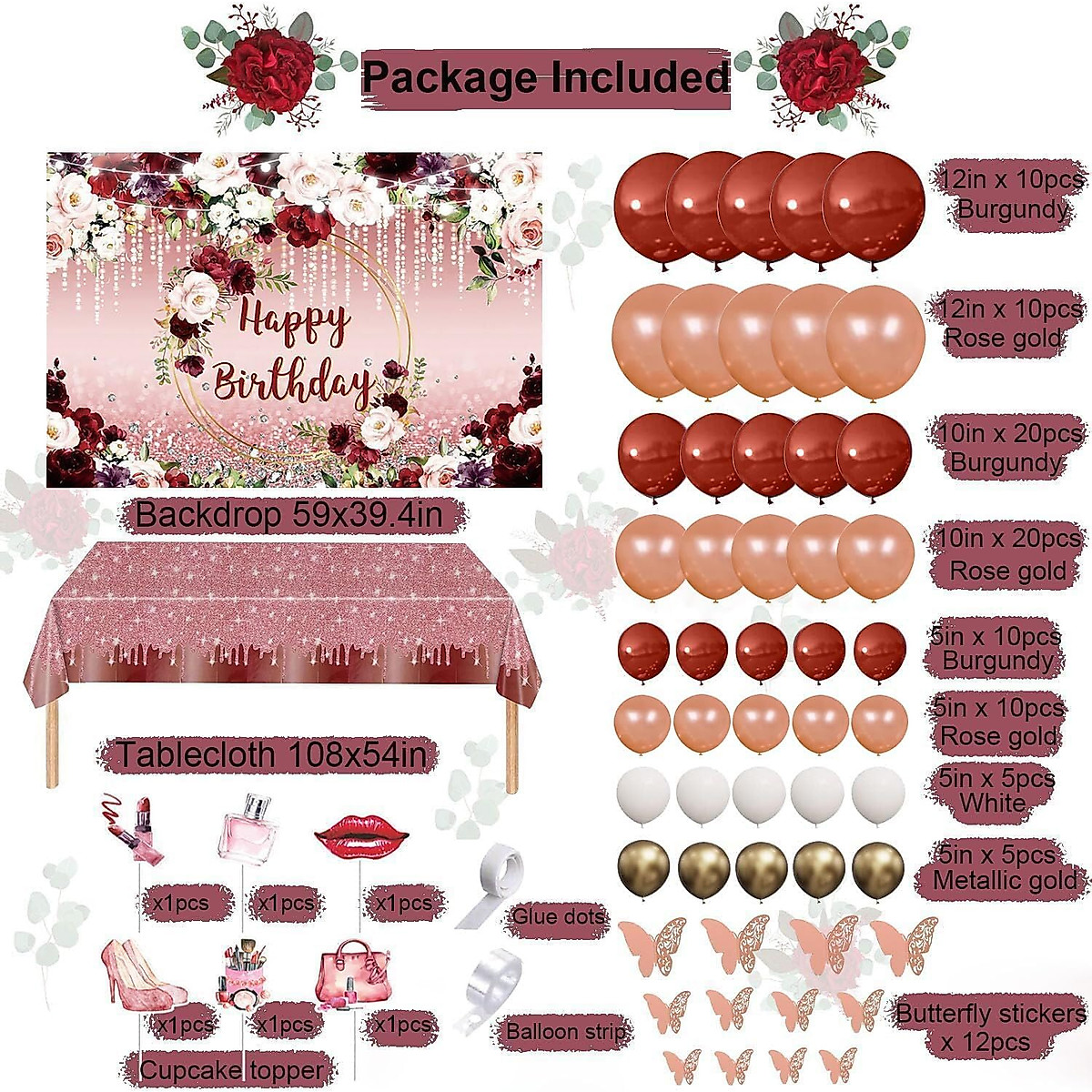 Yancan Floral Happy Birthday Decorations Women Birthday Party Supplies Including Flower Birthday Backdrop, Burgundy Rose Gold Balloons Garland Arch Kit, Tablecloth, Cupcake Toppers for Girls