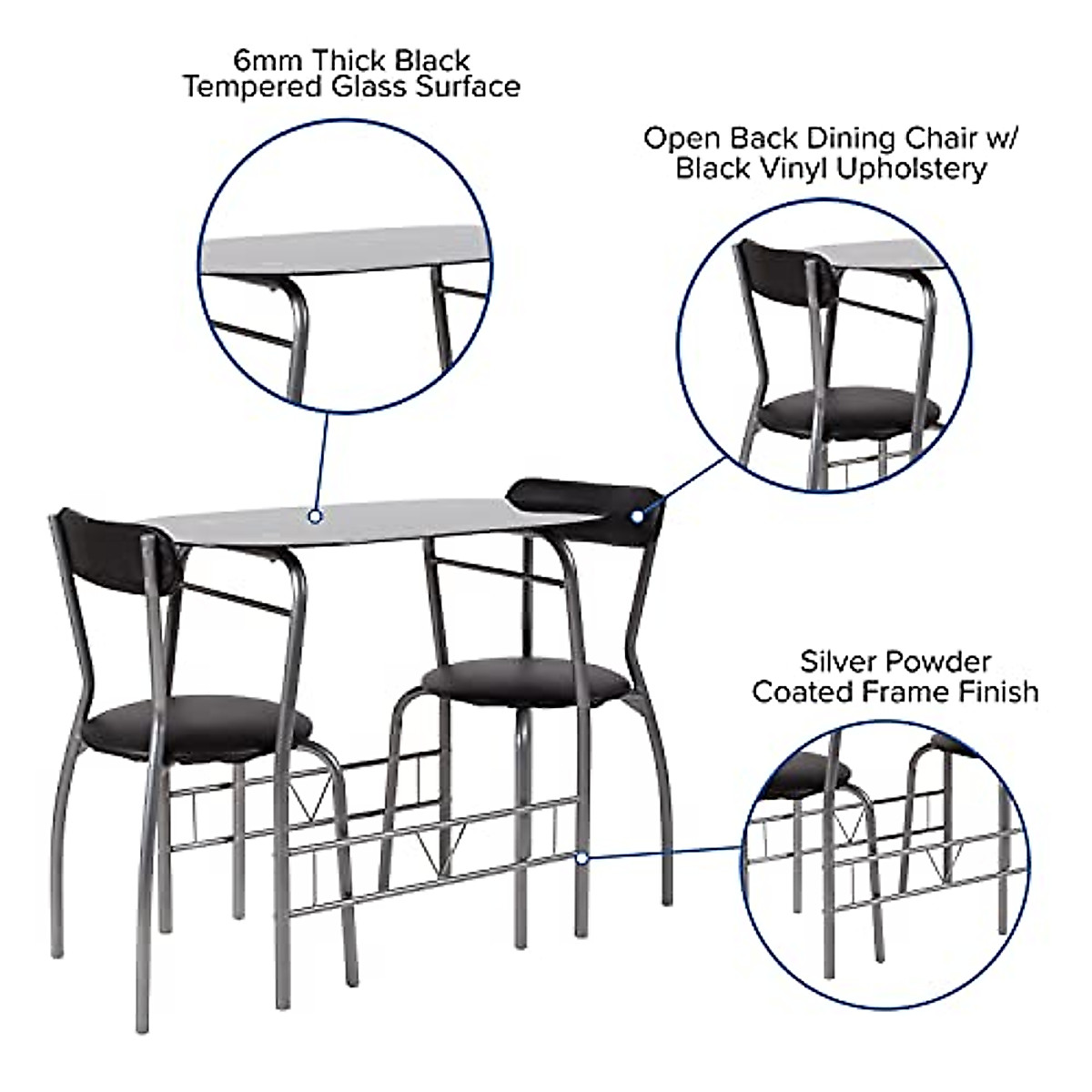 Flash Furniture Sutton 3 Piece Space-Saver Bistro Set with Black Glass Top Table and Black Vinyl Padded Chairs