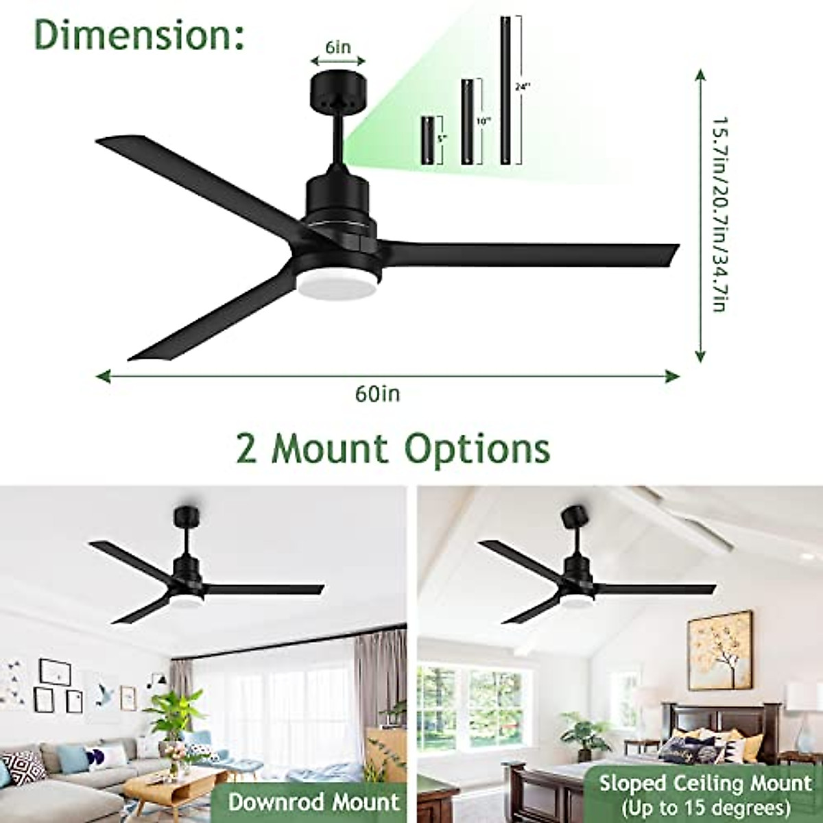Biukis Ceiling Fans with Lights,Indoor and Outdoor Black Ceiling Fan with Remote Control, 60-inch Modern Ceiling Fans with Reversible DC Motor for Patio Bedroom Living Room