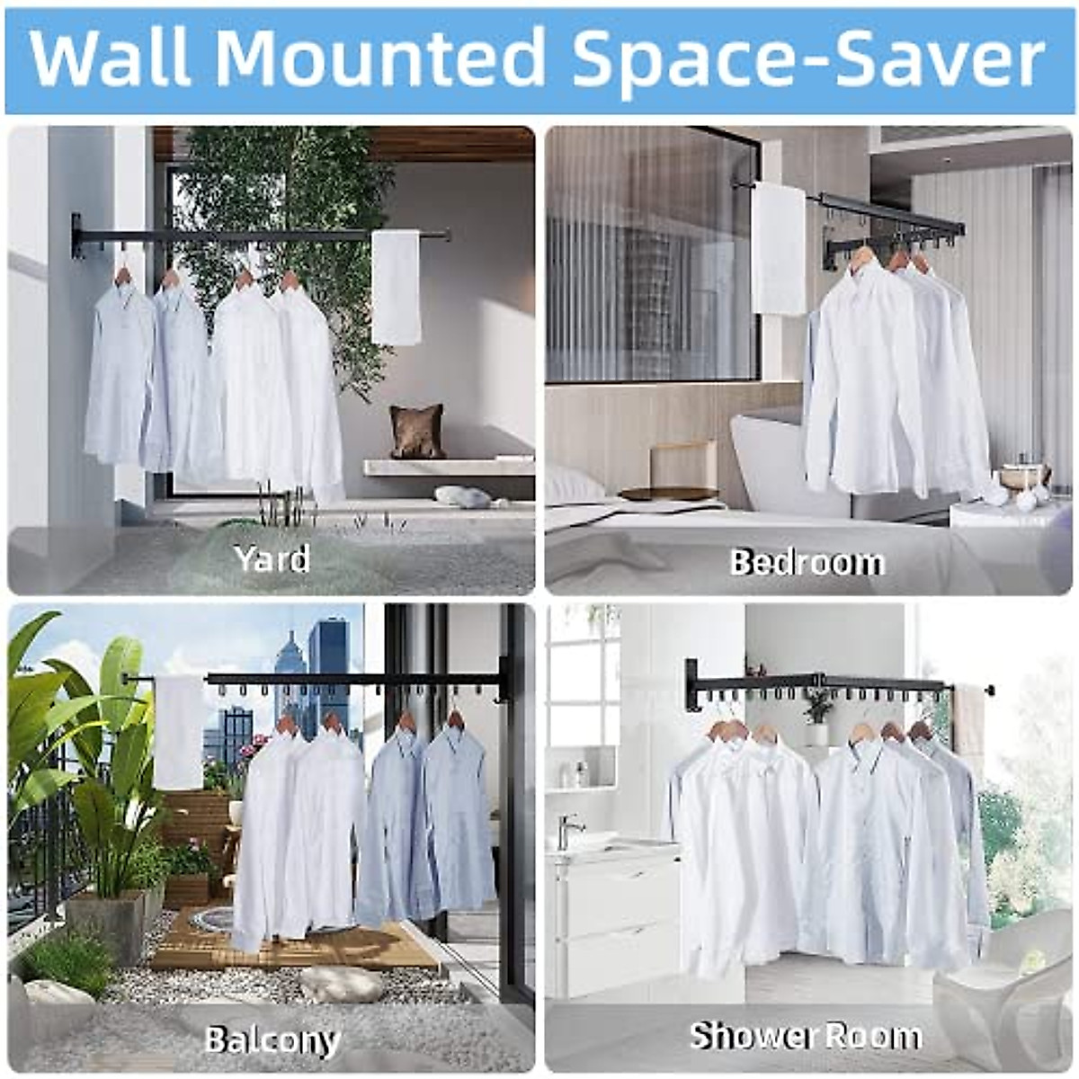 MYOYAY Wall Mounted Folding Clothes Hanger Space-Saver, Indoor/Outdoor Adjustable Clothes Drying Rack, 220 LBS Retractable Dry Coat Hanger for Laundry Room, Storage Organiser Instant Closet,Black