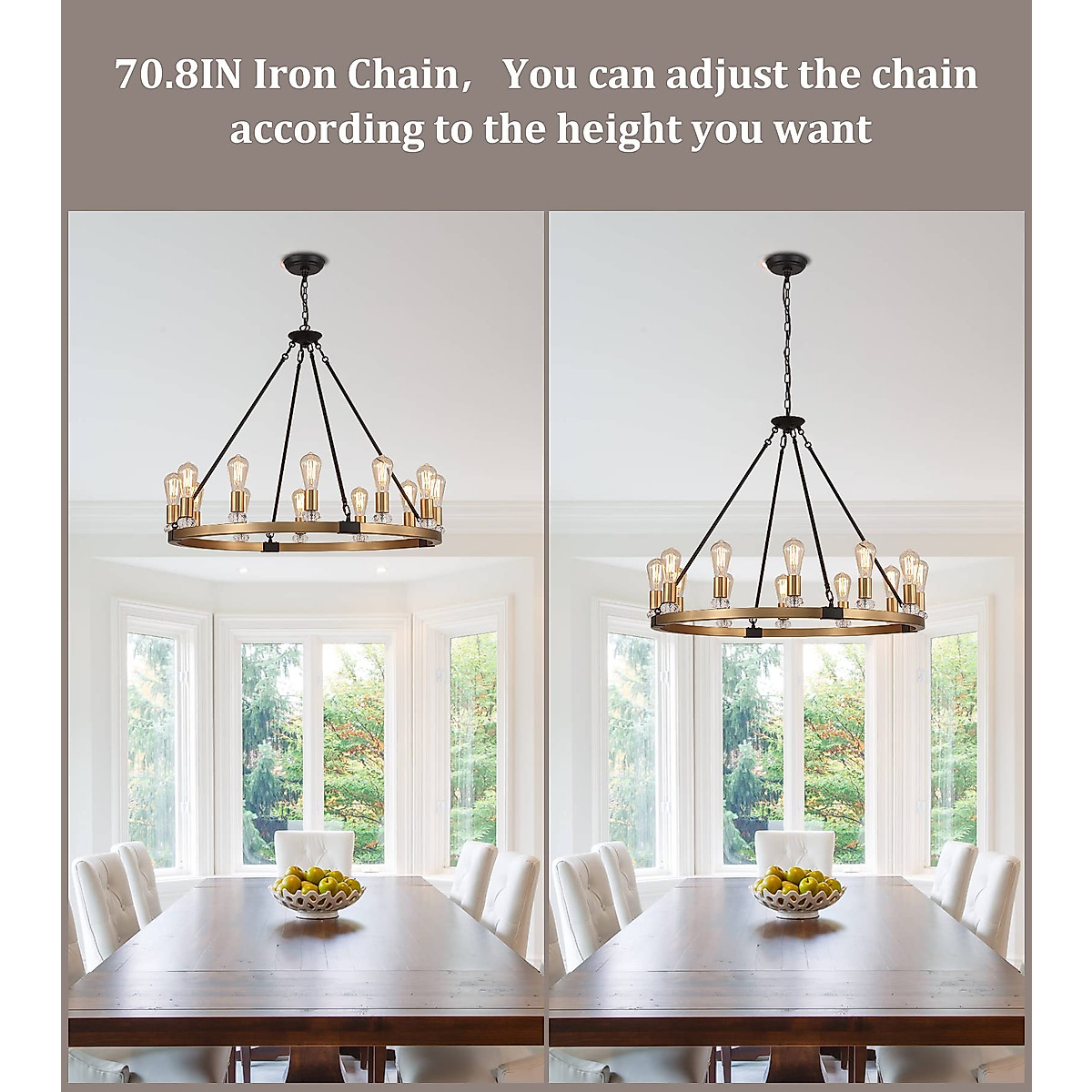 MEIXISUE Modern Farmhouse Wagon Wheel Chandeliers for Dining Room,Aged Brass Luxury Large High Ceiling Chandelier for Living room Kitchen Entryway Restaurant Office,W35.4 UL Listed