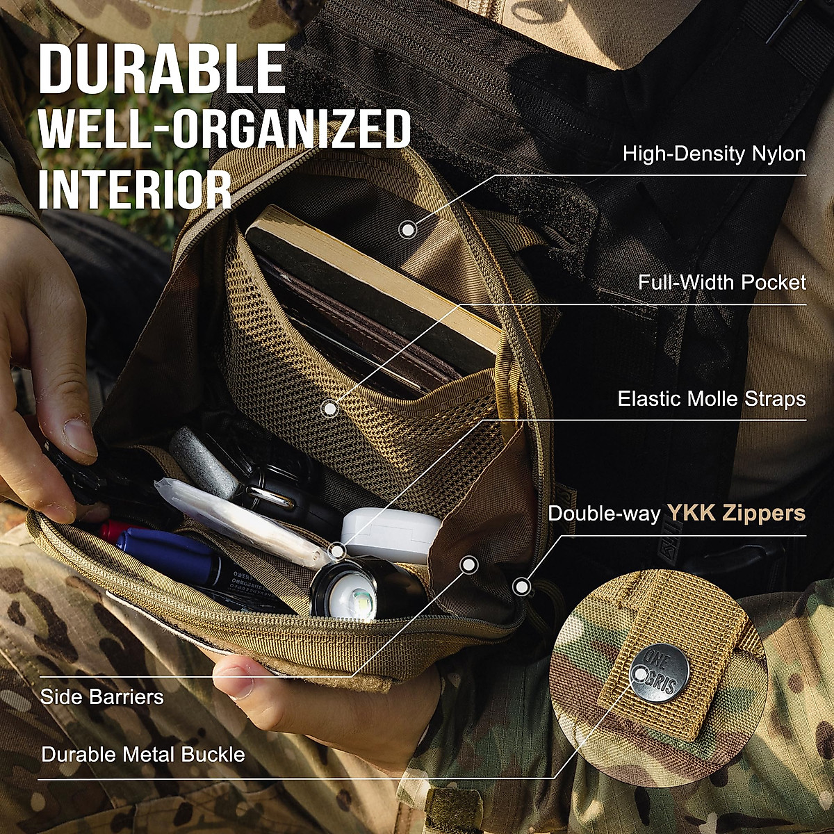 OneTigris Molle Pouch, Tactical Admin Pouch Belt EDC Tool Organizer Zippered Utility Waist Pack 7.5"x5"x2"(Camocolor)