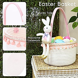 Sea Team Small Cotton Rope Storage Basket, Easter Bunny Tote Bag for Eggs, Portable Basket, Candy Bag, Caddy for Kids, Easter Days, Holidays, Pink Lace