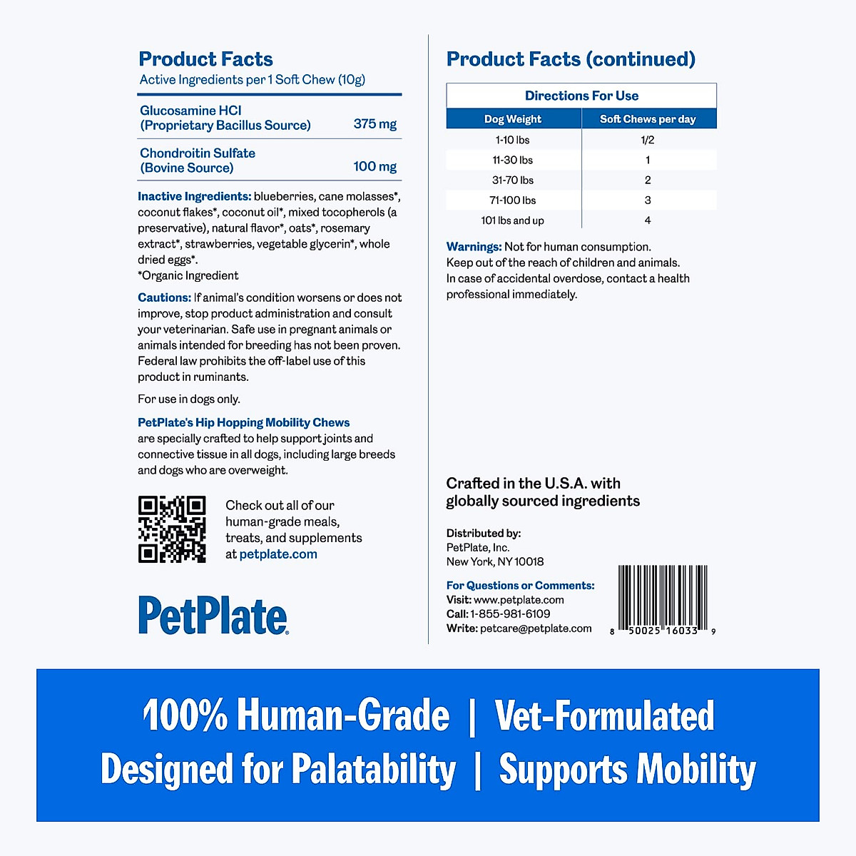 PetPlate Hip Hopping Soft Chews for Dogs, Hip and Joint Supplements, Organic and Human-Grade Ingredients, Mobility Support, Pet Supplies (Pack of 1, 9.8 Ounce)