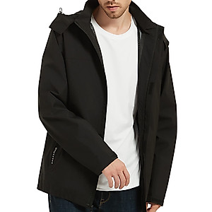 OTU Men's Lightweight Waterproof Hooded Rain Jacket Outdoor Raincoat Shell Jacket for Hiking Travel Black XL