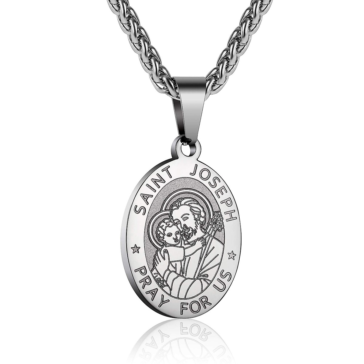P. BLAKE Stainless Steel St. Saint Joseph Medal Necklace Catholic Saint Joseph Pray for Us Pendant with Chain
