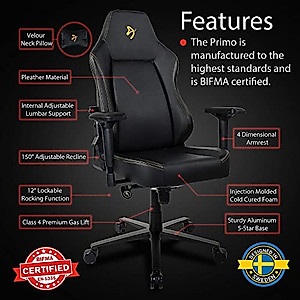 Arozzi Primo Premium PU Leather Gaming Chair Office Chair with Recliner Swivel Tilt Rocker Adjustable Height 4D Armrests Neck Pillow and Built-in Lumbar Adjustment - Black with Gold Accents