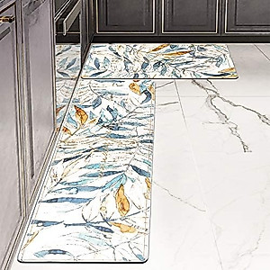 Kitchen Rug Set, LEEVAN Kitchen Floor Mats 2 Piece PVC Leather Anti Fatigue Comfort Heavy Duty Waterproof Oil Proof Non-Skid Rubber Back Washable Doormat Bathroom Area Rug(17" X 29"+17" X 59", Leaves)