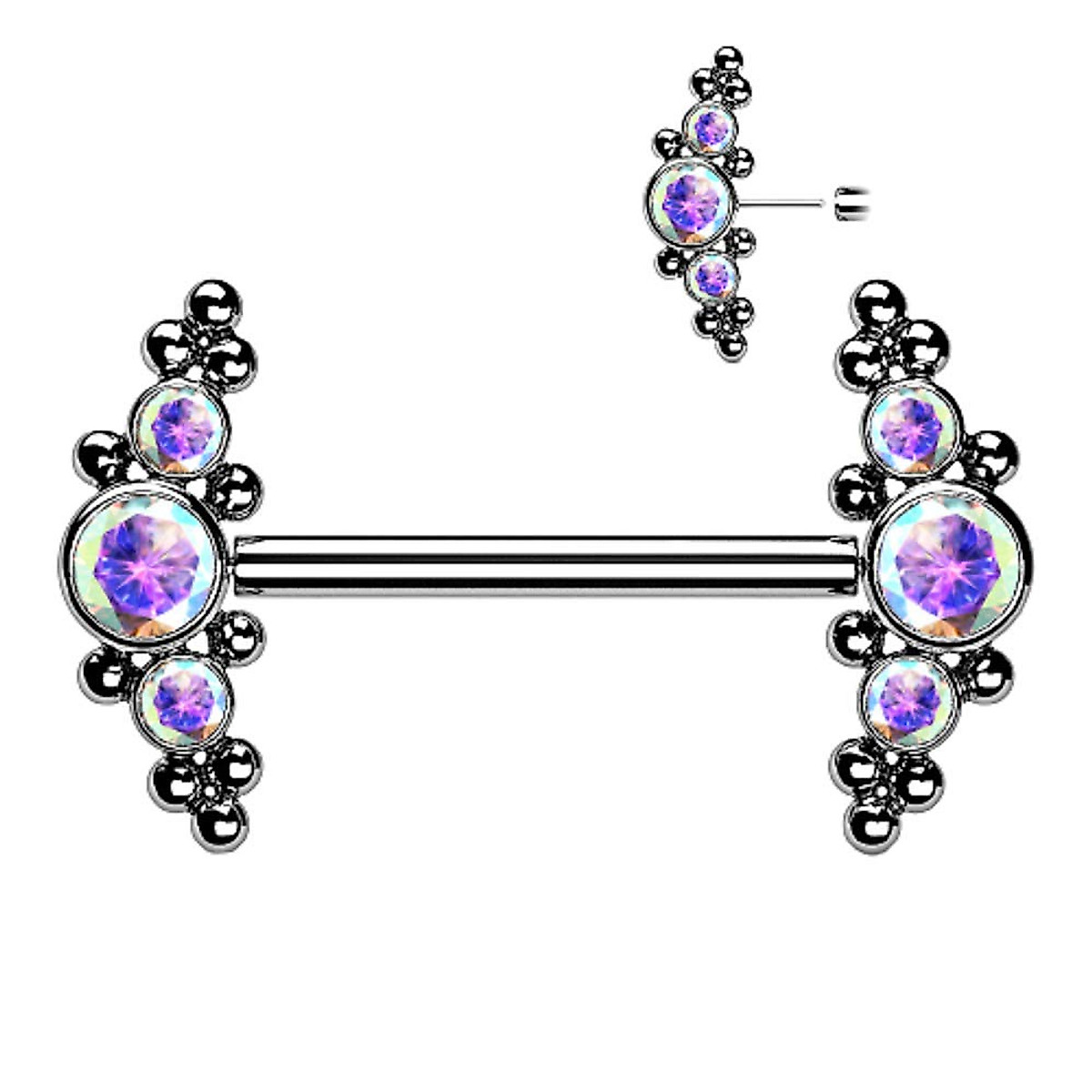 Pierced Owl 14G Implant Grade Titanium Threadless Push-in Triple CZ Crystal and Ball Clusters Nipple Barbells, Sold as a Pair (Aurora Borealis)
