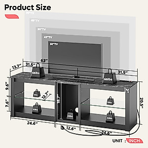 Bestier TV Stand for 70 inch TV with Power Outlets, LED Entertainment Center for PS5, Gaming TV Consoles with Glass Shelves for Living Room, 63'' Inch, Black Marble