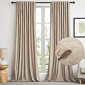 GIGIZAZA Beige Velvet Curtains 84 Inch Long for Living Room,2 Panels Luxury Boho Drapes Flower Embossed Blackout Window Curtain for Living Room Back Tab Thermal for Bedroom