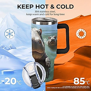 YTLKGFP 40 Oz Large Capacity Car Cup Cute Hippos Tumbler with Handle (Black) Straw Lid Insulated Stainless Steel Water Bottle Travel Mug Leak-proof Car Cup Keeps Cold Or Hot