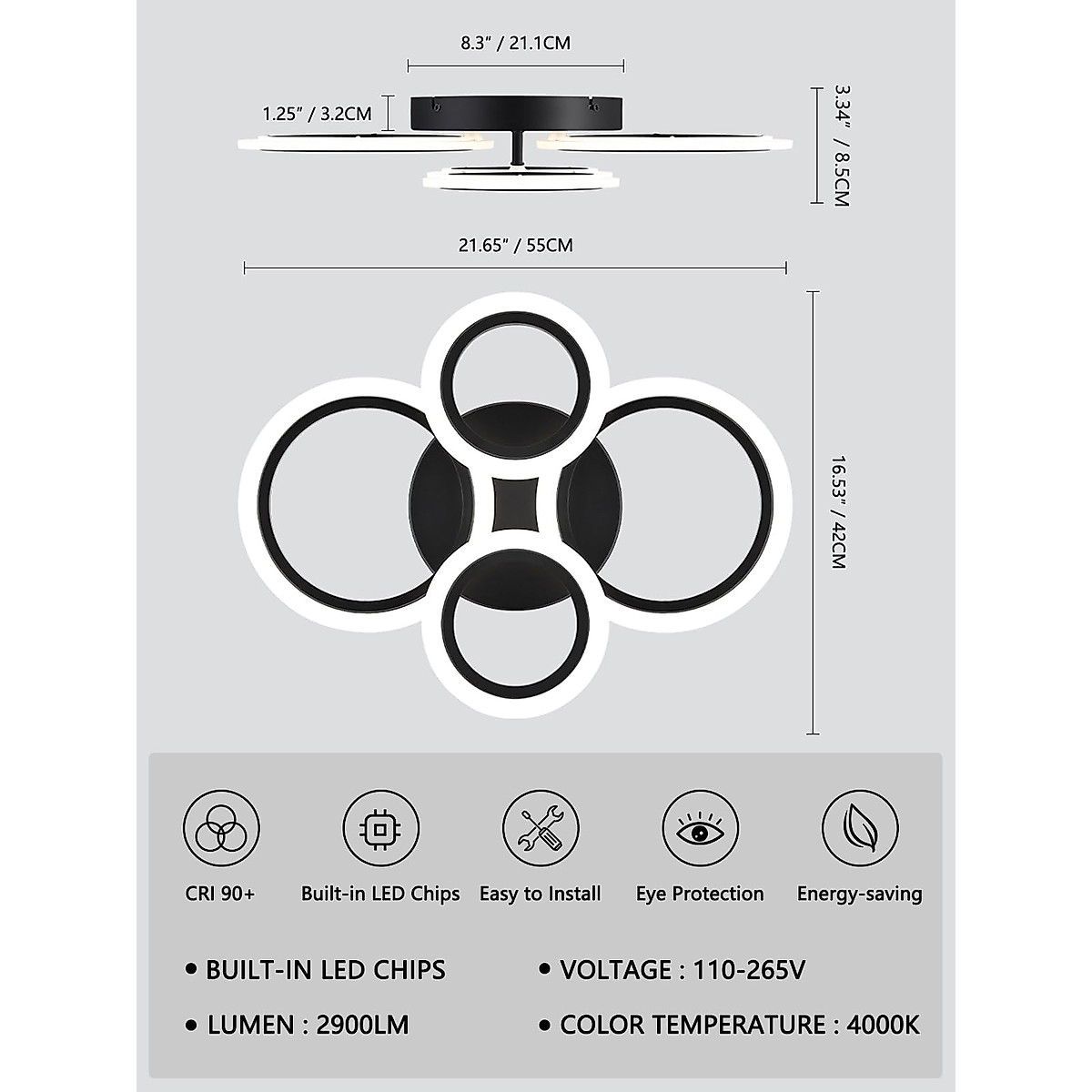 TEMINBU Modern LED Ceiling Light, Black 4 Rings Flush Mount Ceiling Light, 4000K Lighting Fixture Ceiling Lamp for Kitchen, Bedroom, Living Room, Laundry Room