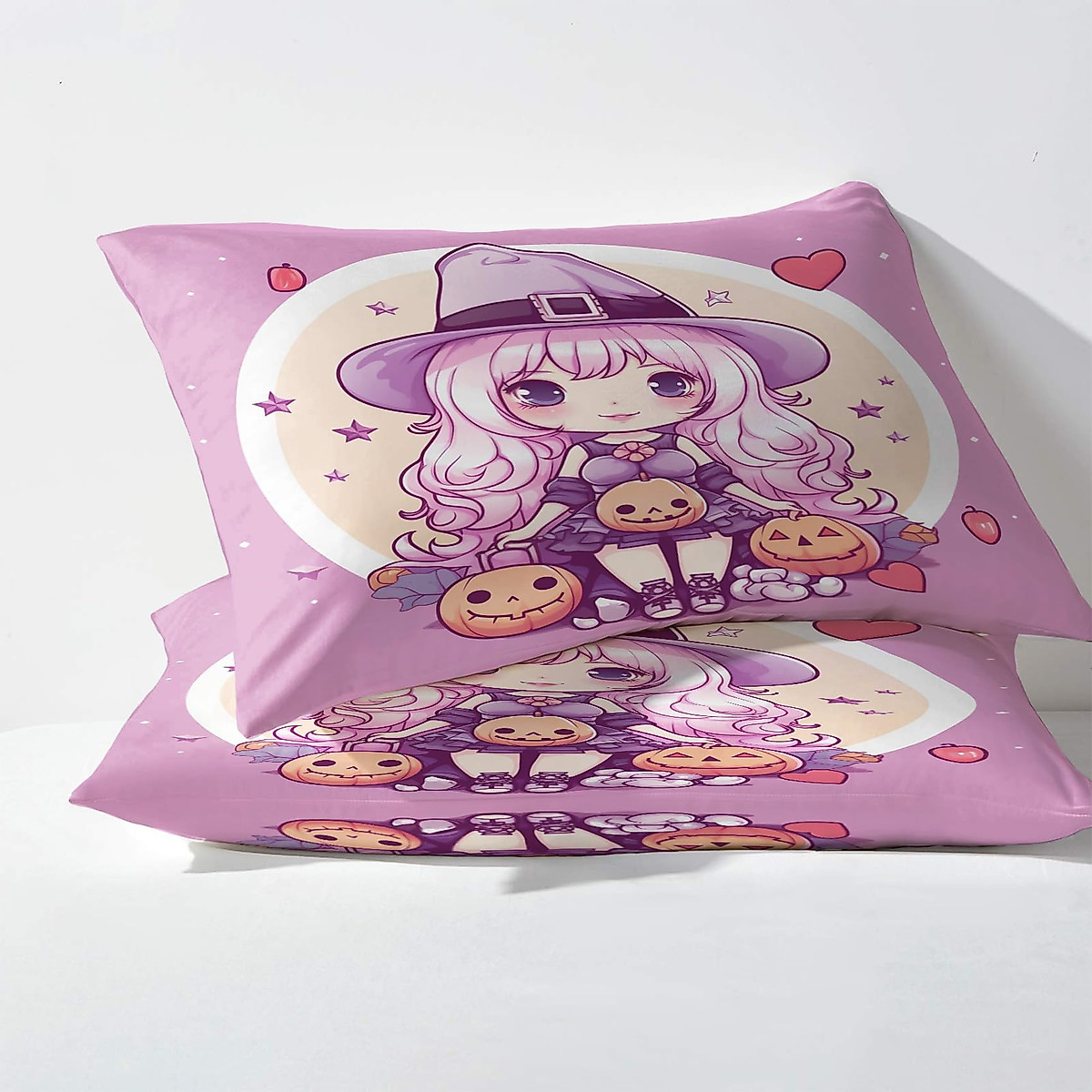 Witchy Sheets Twin Size, Halloween Pumpkin Bed Sheets, Patterned Bedding Sheets & Pillowcases 3 Piece Set - Soft Microfiber Deep Pocket Fitted Sheet & Flat Sheet & Pillow Case L5-&-124