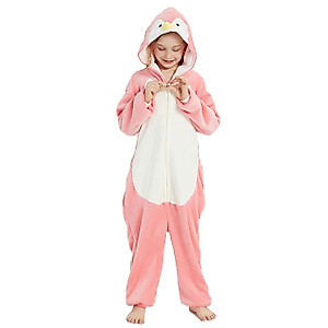 ABENCA Penguin Onesie Kids Animal Costume Girls Pajamas One Piece Plush Sleepwear Cosplay Halloween Christmas.Pink.120