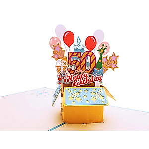 iGifts And Cards Happy 50th Blue Birthday Party Box 3D Pop Up Greeting Card – Fifty, Awesome, Balloons, Presents, Unique, Congrats, Celebration, Feliz Cumpleaños, Fun