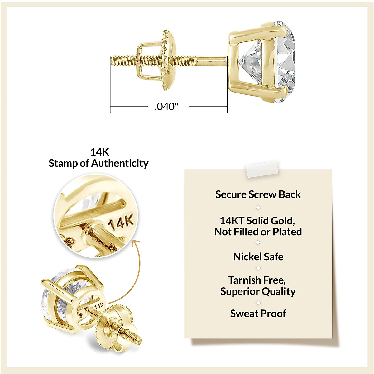 Everyday Elegance Solid 14K Yellow Gold Cubic Zirconia Stud Earrings for Women in Round Cut | Screw Back Earring | 1.5 CTW CZ | With Gift Box
