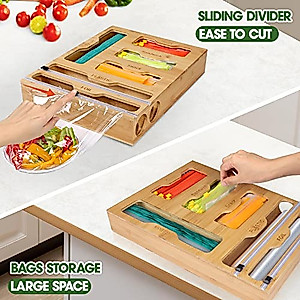 Ziplock Bag Storage Organizer Bamboo - 6 in 1 Wrap Dispenser with Cutter, Suitable for Gallon, Quart, Sandwich & Snack Bag, Cling Film, Aluminum Foil etc; Compatible with 12" Kitchen Rolls