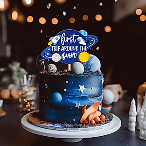 Huray Rayho First Trip Around the Sun One Cake Topper Outer Space Wooden Cake Decorations Cake Smash Topper for Boys Solar System 1st Birthday Party Galaxy Party Supplies