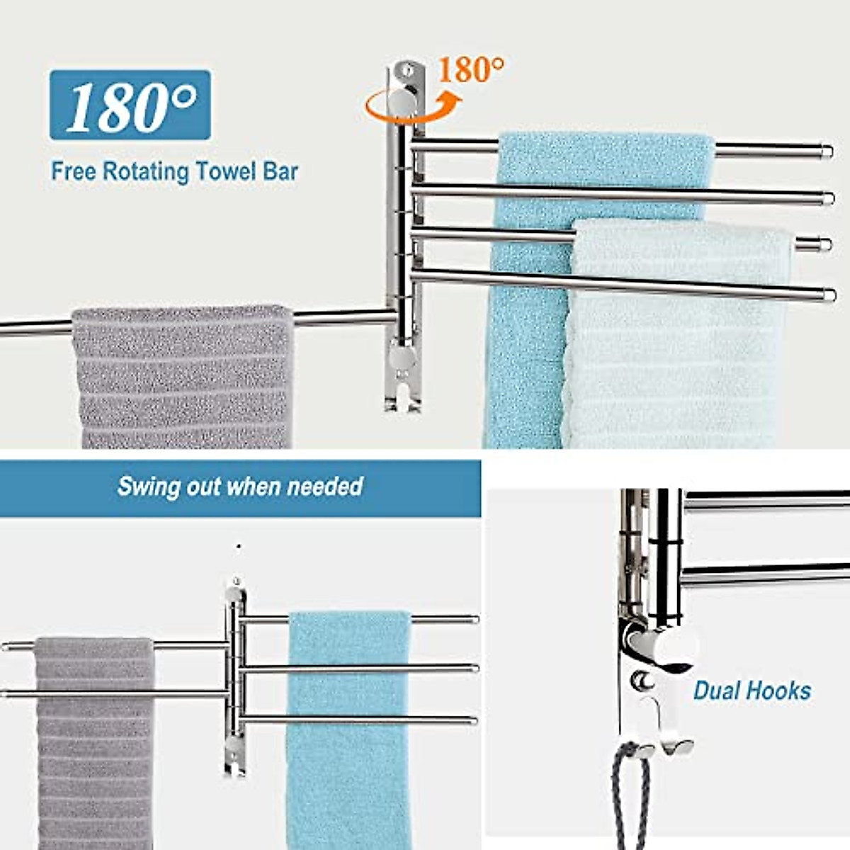 SCDGRW Swivel Towel bar 5 arm - Stainless Steel Bathroom Swing Towel Rack with Hook- Wall Mounted Towel Holder Storage Organizer for Bathroom Kitchen