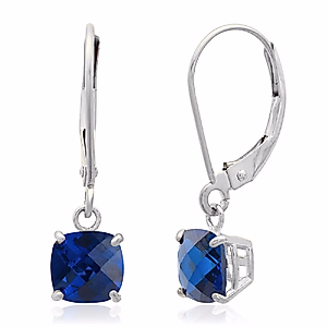 MAX + STONE 10k White Gold Cushion-Cut Checkerboard Created Sapphire Leverback Earrings (6mm)