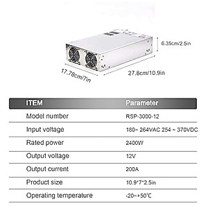 TorqCali RSP-3000-12 3000W Single Output Power Supply 12V 200A Constant Current with PFC, 180-264VAC Input, for Industrial Equipment and Automation Systems