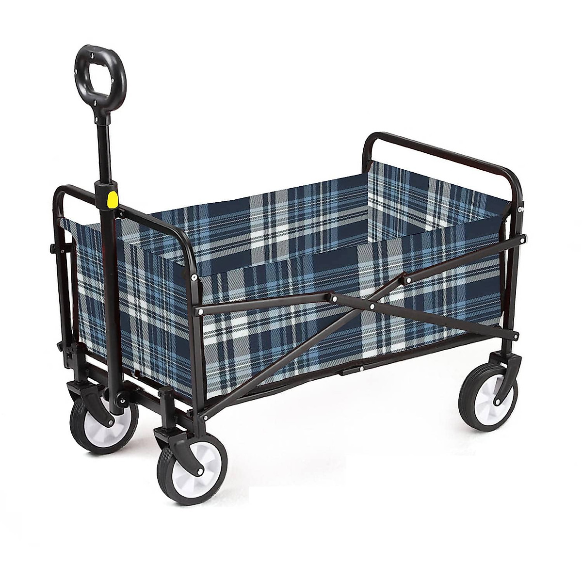 Collapsible Wagon Cart Plaid Texture in Blue and White Striped Seamless Check Plaid Graphic Foldable Utility Wagon Large Capacity Garden Cart with Push Bar for Beach Camp Outdoor Shopping