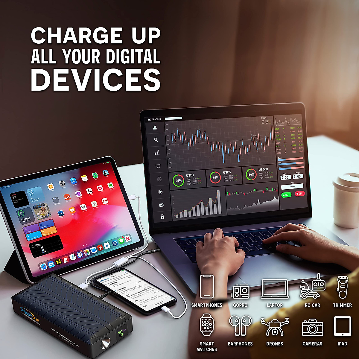 Infinity Light Jump Starter Battery Pack – 1000Amp 18,000mAh 12V Car Portable Battery Booster Pack Power Bank – 2 in 1 USB Charger with LCD Display, LED Light Emergency Warning Mode, 6L Gas/4L Diesel