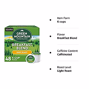 Green Mountain Coffee Roasters Breakfast Blend Single-Serve Keurig K-Cup Pods, Light Roast Coffee, 48 Count