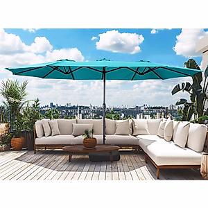 Bigroof 15ft x 9ft Patio Double-Sided Umbrella with Base & Crank, Extra Large Rectangular Outdoor Umbrella for Patio, Lawn & Garden, Beige (Turquoise)