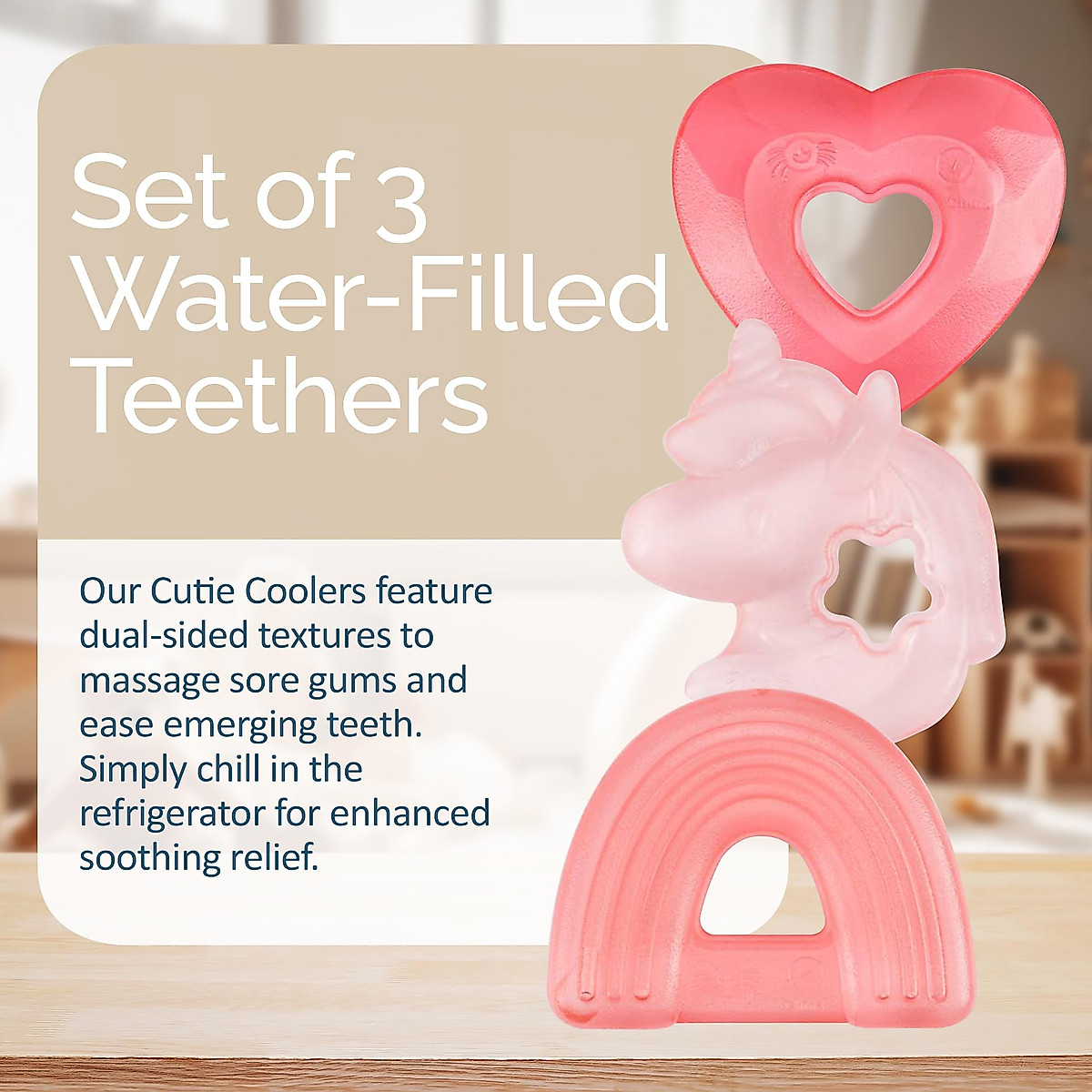 Itzy Ritzy Water-Filled Teethers - Cold Cutie Coolers Textured On Both Sides to Massage Sore Gums & Emerging Teeth - Can Be Chilled in Refrigerator, Set of 3 Coordinating Pink Unicorn Water Teethers