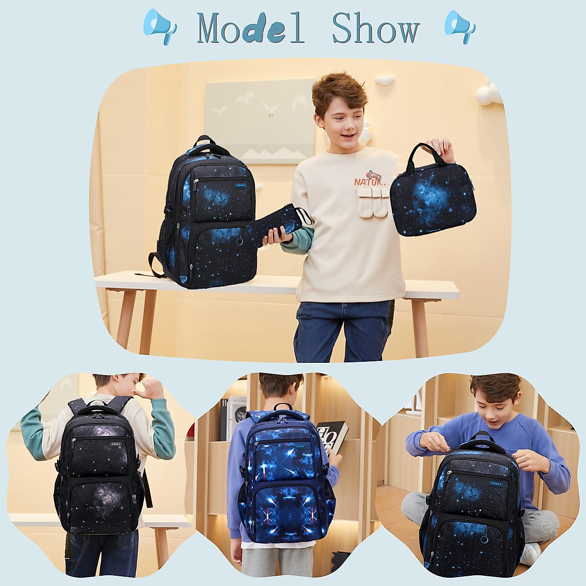 Galaxy School-Bag Backpack with Lunch-Bag for Boys Middle-School Elementary Bookbag