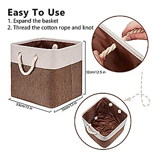 HSDT Fabric Cube Storage Bins 13x13x12.5 Inch Beige and Brown Cube Storage Boxes Collapsible Large Cloth Organizer Baskets with Cotton Rops Handles for Storage Cubbies or Closet Shelf ,QY-SC29-2