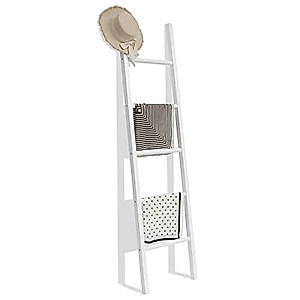 FUIN 6ft Wooden White Blanket Ladder Living Room Decorative Wall Leaning Farmhouse Quilt Display Holder Rustic Wood Towel Rack for Bathroom