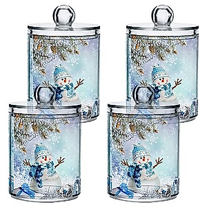 Gredecor Christmas Winter Qtip Holder Dispenser 2 Pack Snowman Snowflake Pine Cones Gifts Bathroom Decorative Storage Canister Holder Counter Vanity Organizer for Cotton Ball Swabs Pads Floss