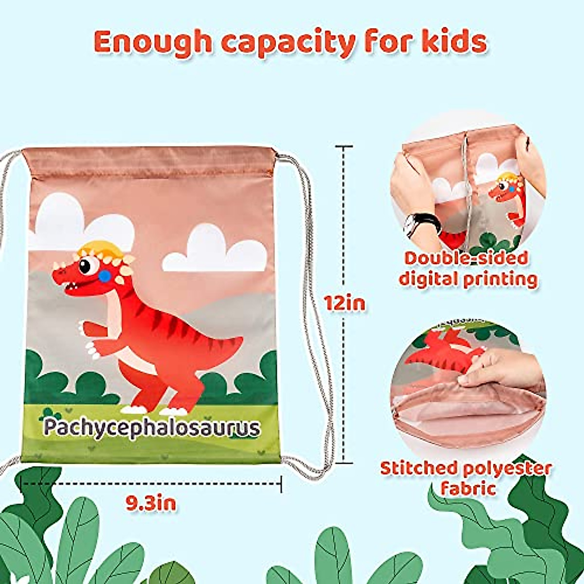 Mocoosy 12 Pack Dinosaur Party Favor Drawstring Bags - Dinosaur Party Bags for Kids Birthday, Dino Goodie Candy Treat Gift Bags for Boys Girls Dino Backpack Bags for Dinosaur Themed Birthday Party Baby Shower Supplies