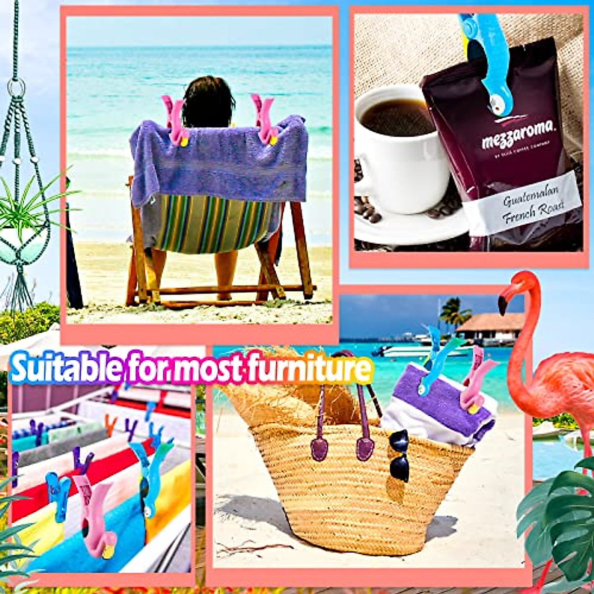 Inovat 4 pcs Flamingo Beach Towel Clip Parrot Towel Beach Towel Clothes Holder Clip Pin Pegs in Jumbo Size for Beach Patio Pool Chair Supplies Accessories, Pink & Blue